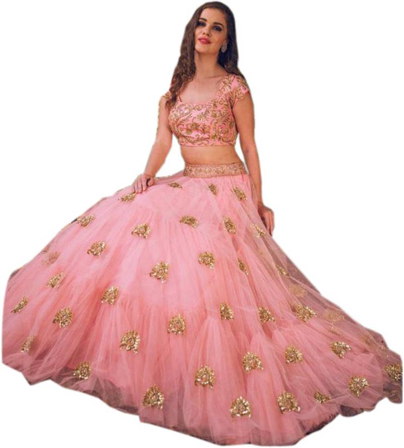 Light pink embroidered net unstitched lehenga - LookNbook Art - 2494032