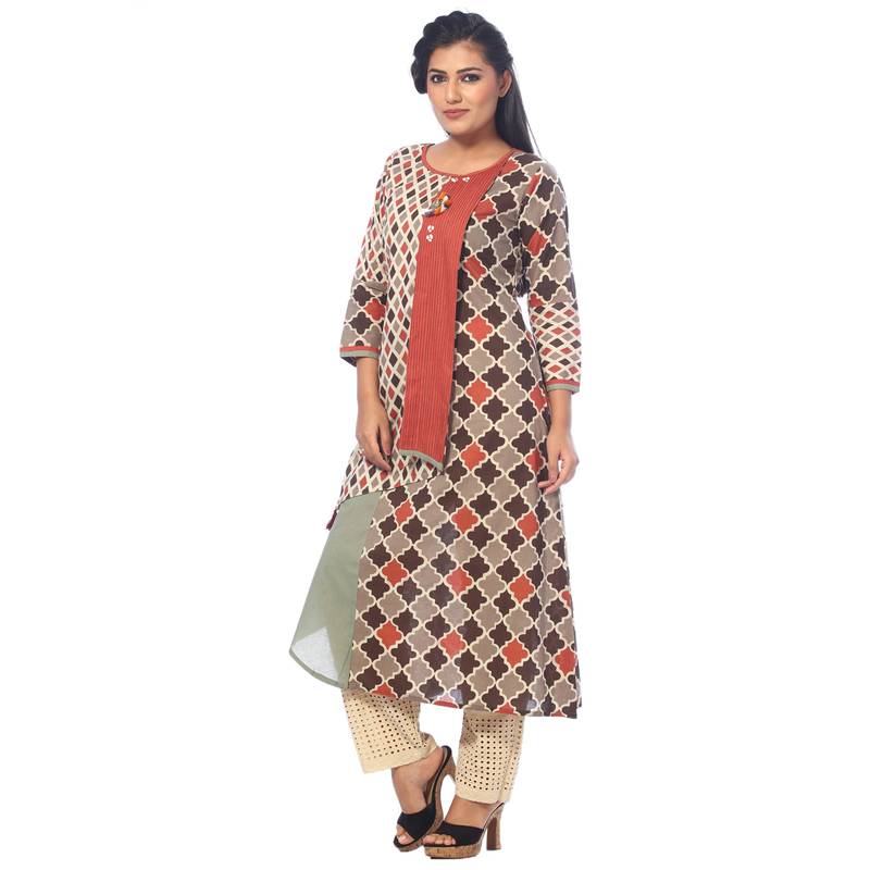 Peach printed cotton stitched kurtis - PAYAL ENTERPRISE - 2495879