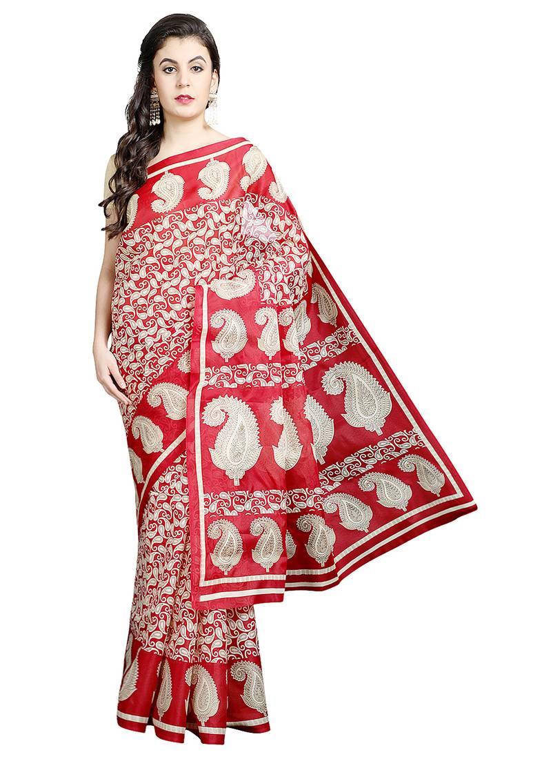Red printed poly cotton saree - Pavecha's - 2520208