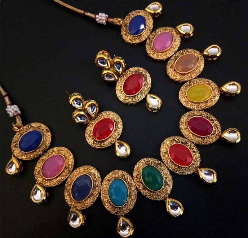 Traditional satrangi multi-color kundan necklace with earring neck fit ...