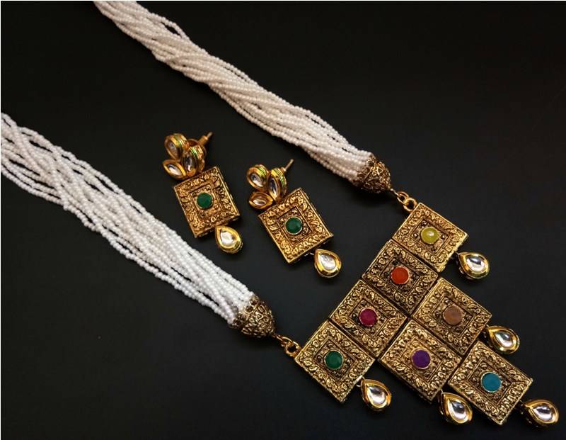 Traditional satrangi multi-color kundan necklace with earring long ...