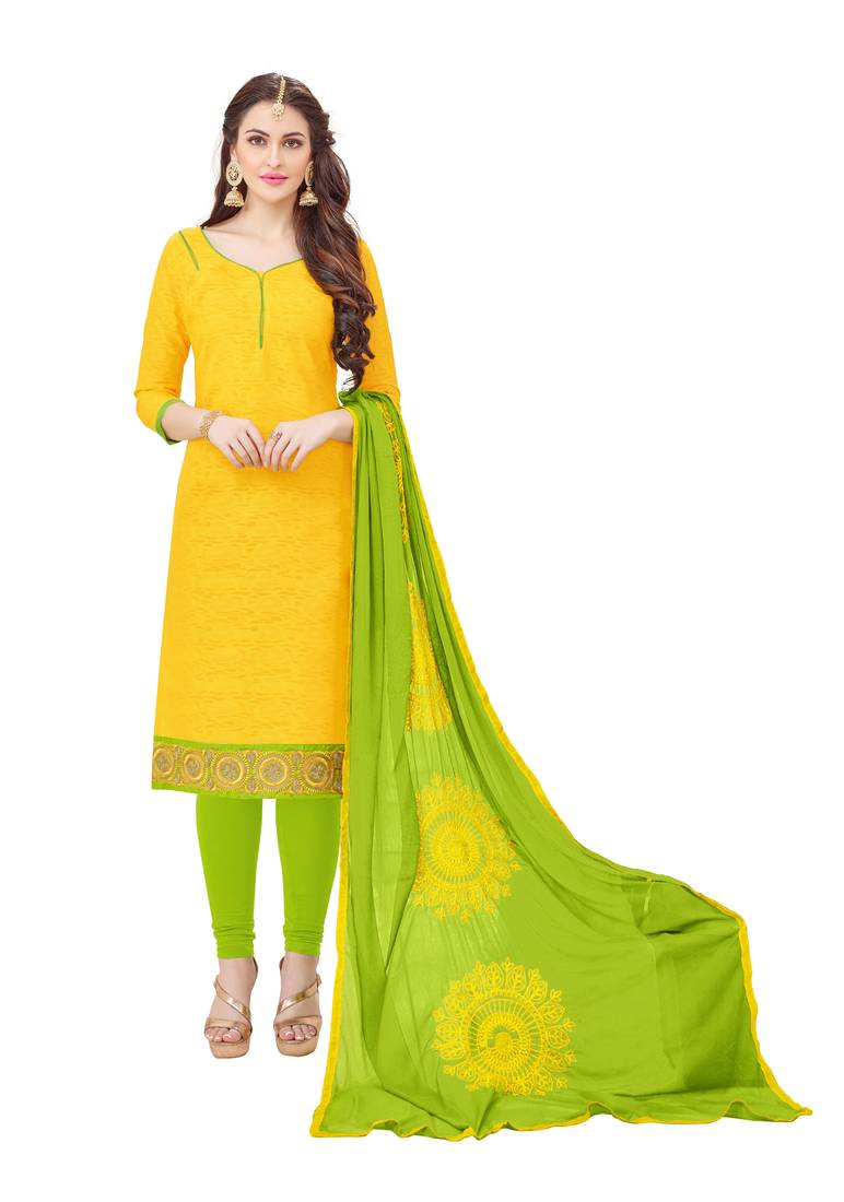 Yellow embroidered cotton salwar with dupatta - Kimisha - 2538084
