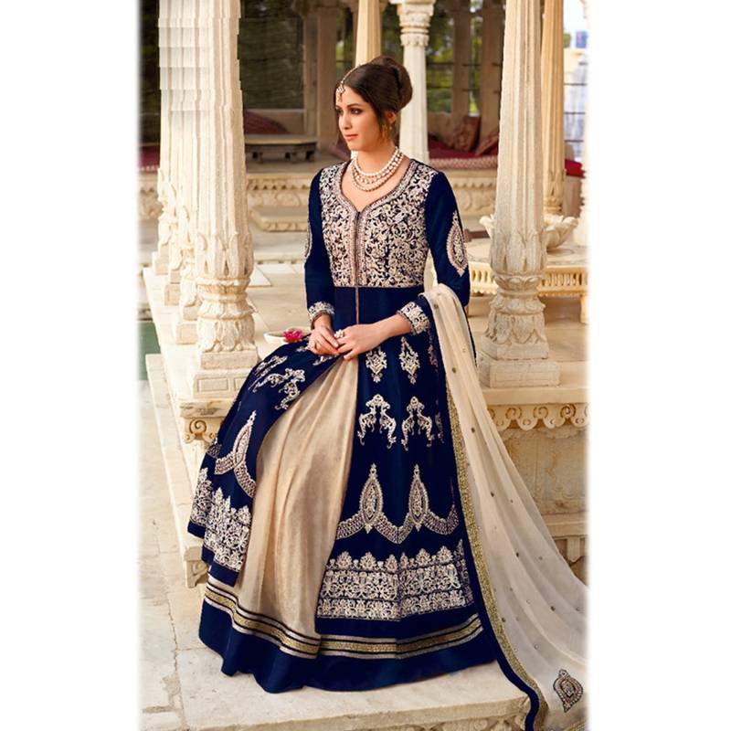 Blue embroidered Velvet semi-stitched salwar with dupatta - Ishimaya ...