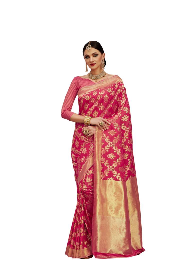Coral woven silk saree with blouse - komal creation - 2540530