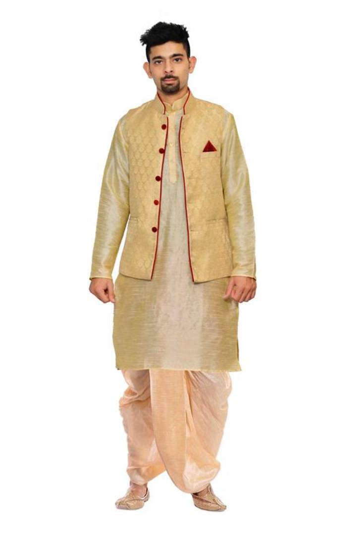 Gold Silk Ethnic Indian Traditional Mens Festive Wear Dhoti Kurta with ...