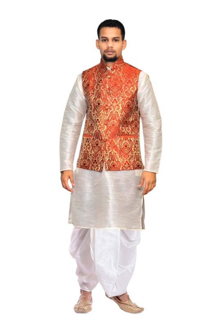 Red Silk Ethnic Indian Traditional Mens Festive Wear Dhoti Kurta with ...