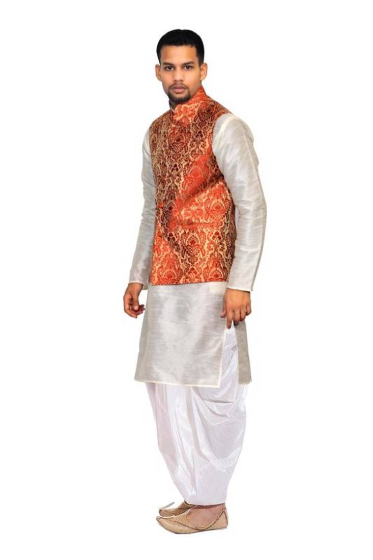 Red Silk Ethnic Indian Traditional Mens Festive Wear Dhoti Kurta with ...
