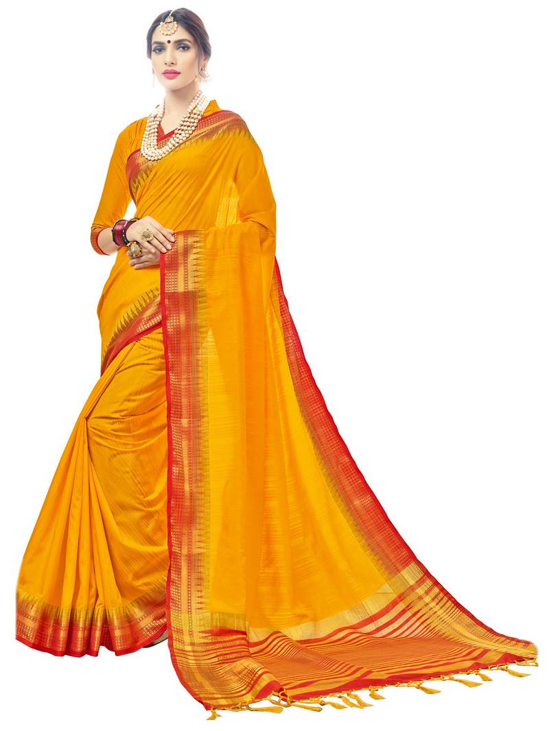 Yellow plain silk saree with blouse - Vastrang - 2549337