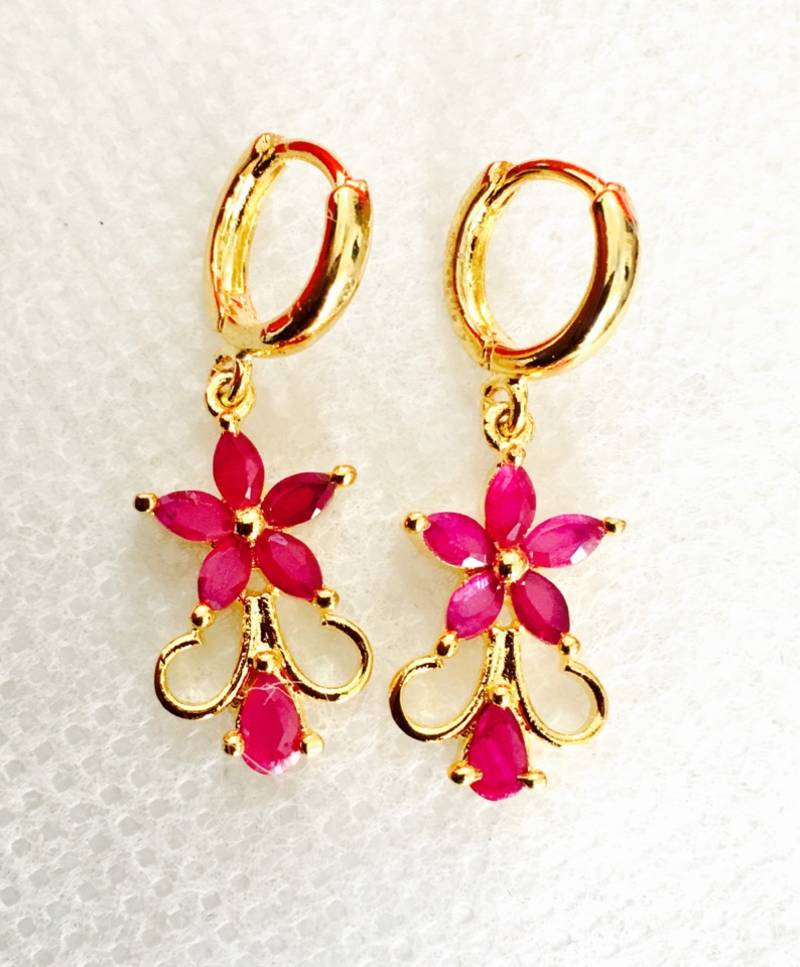 Gold Plated American Diamond Ruby Bali Hoop Earrings - ETHNIC INDIA ...