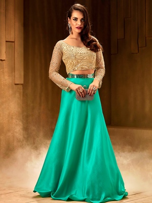 Khwaab Turquoise Silk Embroidered Stitched lehenga choli - Khwaab - 2555106