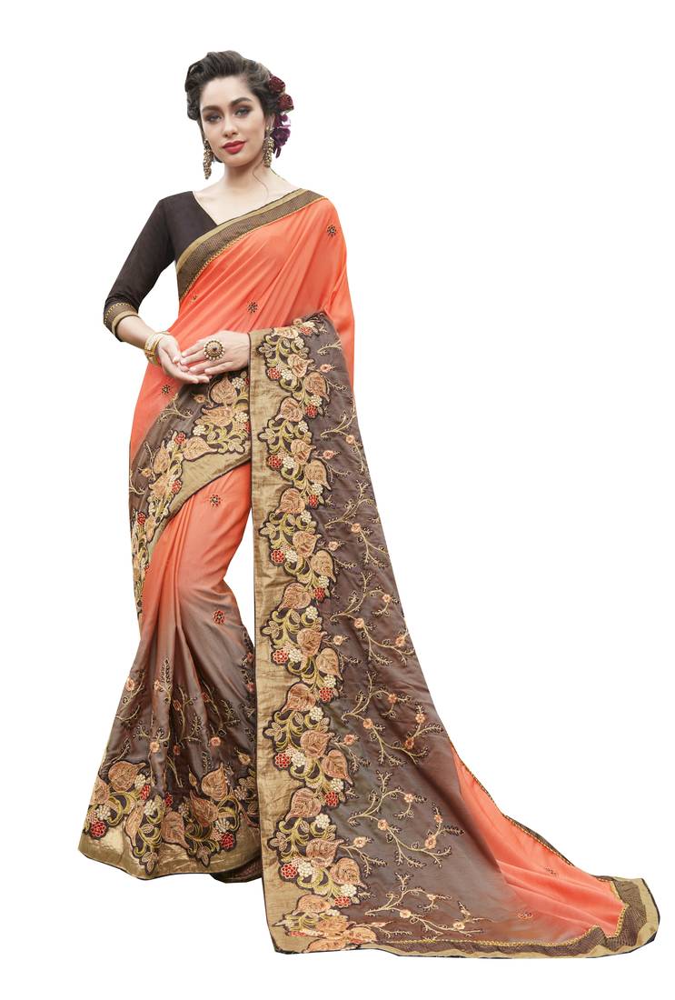 Salmon embroidered silk saree with blouse - Janki Creation - 2559145