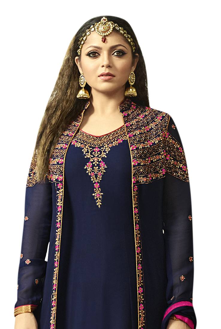blue georgette semi stitched ethnic suits - Brijraj - 2565570