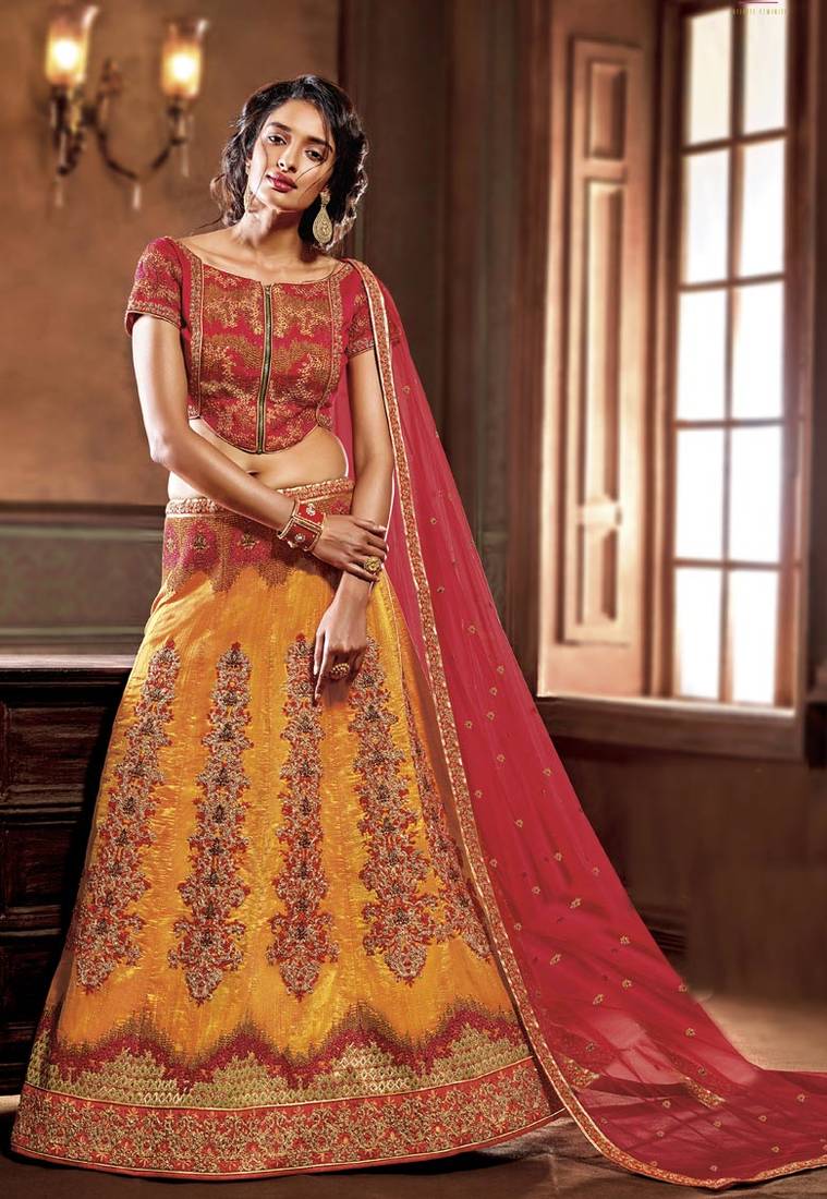 Yellow two tone silk heavy embroidery bridal lehenga with dupatta ...