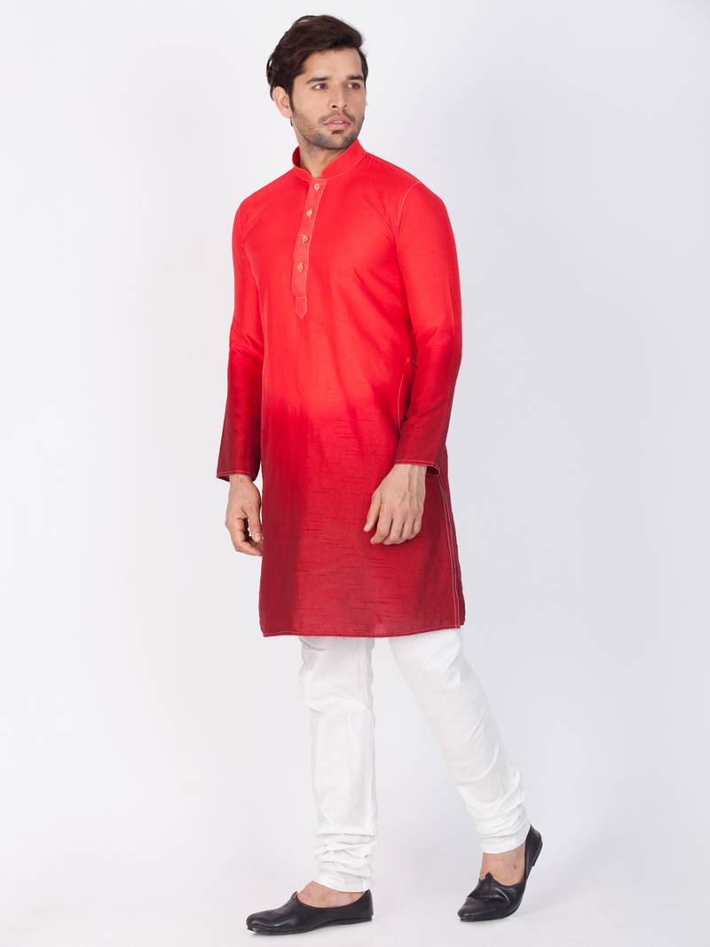 Men Red Cotton Silk Kurta And Pyjama Set - VASTRAMAY - 2570740