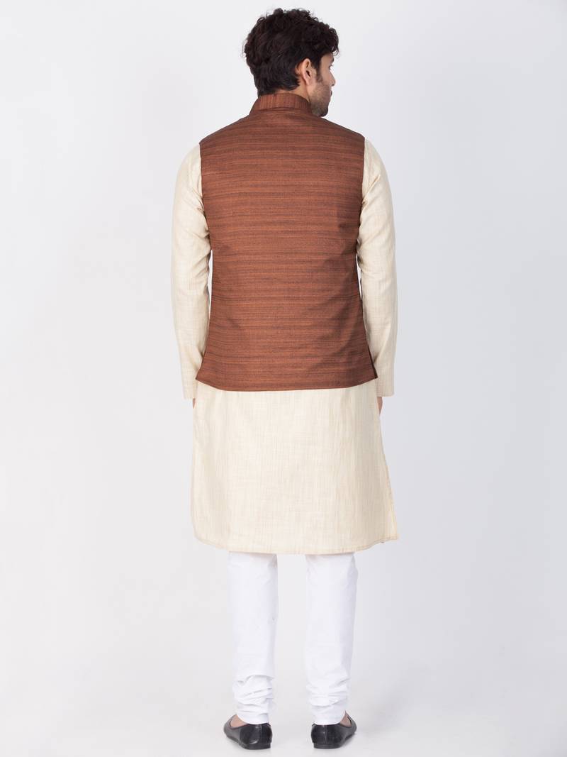 Men Beige Cotton Kurta Modi Jacket And Pyjama Set - VASTRAMAY - 2570833