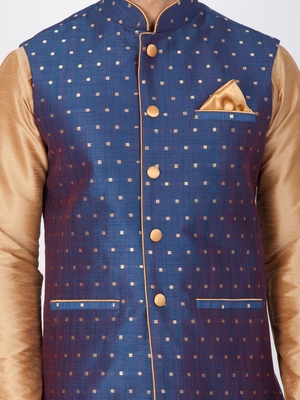 Men Gold Cotton Silk Kurta Modi Jacket And Pyjama Set - VASTRAMAY - 2570888