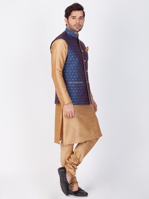 Men Gold Cotton Silk Kurta Modi Jacket And Pyjama Set - VASTRAMAY - 2570888
