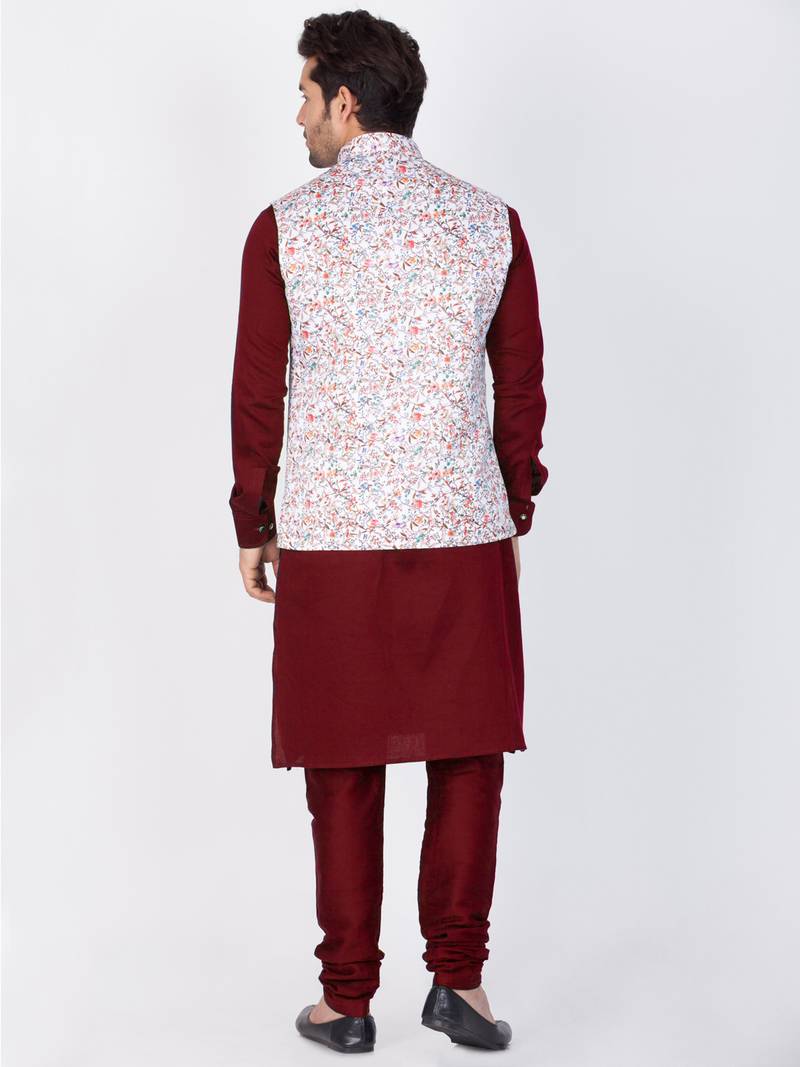 Men Maroon Cotton Kurta Modi Jacket And Pyjama Set - VASTRAMAY - 2570909