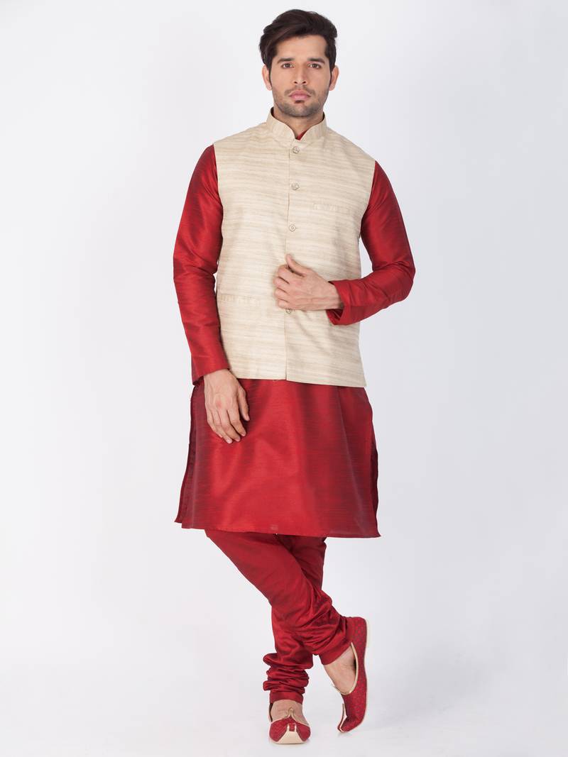 Men Maroon Cotton Silk Kurta Modi Jacket And Pyjama Set - VASTRAMAY ...