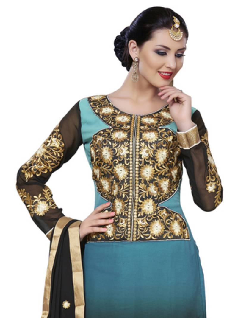 Blue - Black embroidered Georgette semi-stitched with dupatta - Surat ...