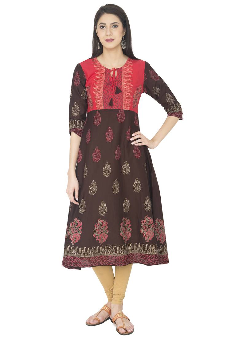 Brown Cotton Block Prints Long Anarkali kurti - ZOEYAMS - 2572552