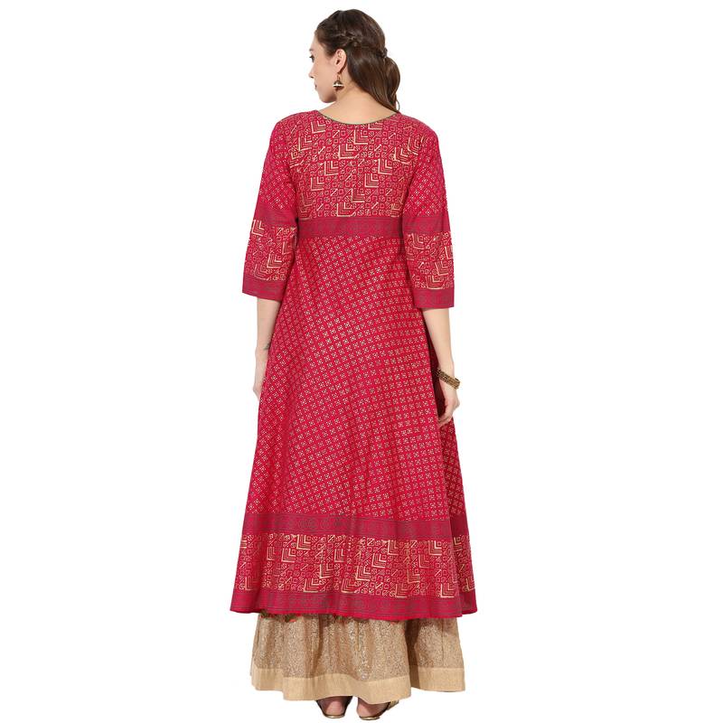 Red Cotton Block Prints Long Anarkali kurti - ZOEYAMS - 2572699