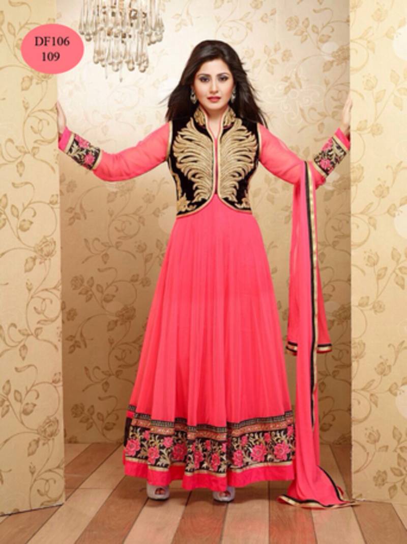 Peach kasab-work georgette semi-stitched salwar - Dealfiza - 347992