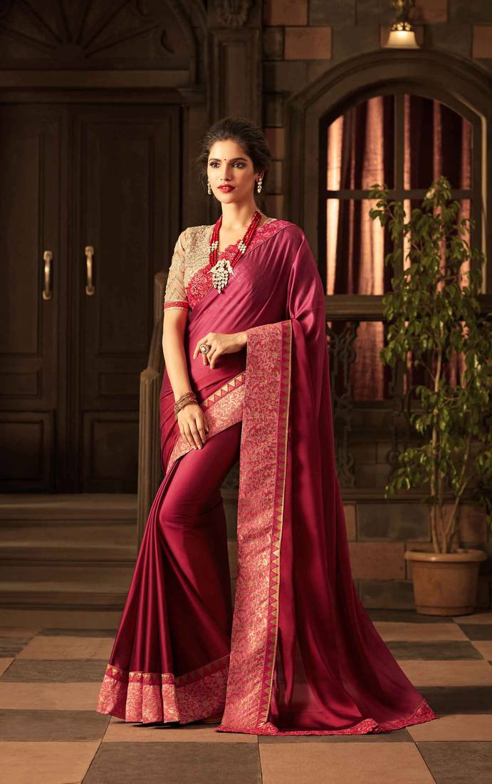 Dark pink embroidered silk saree with blouse - Monjolika - 2580850