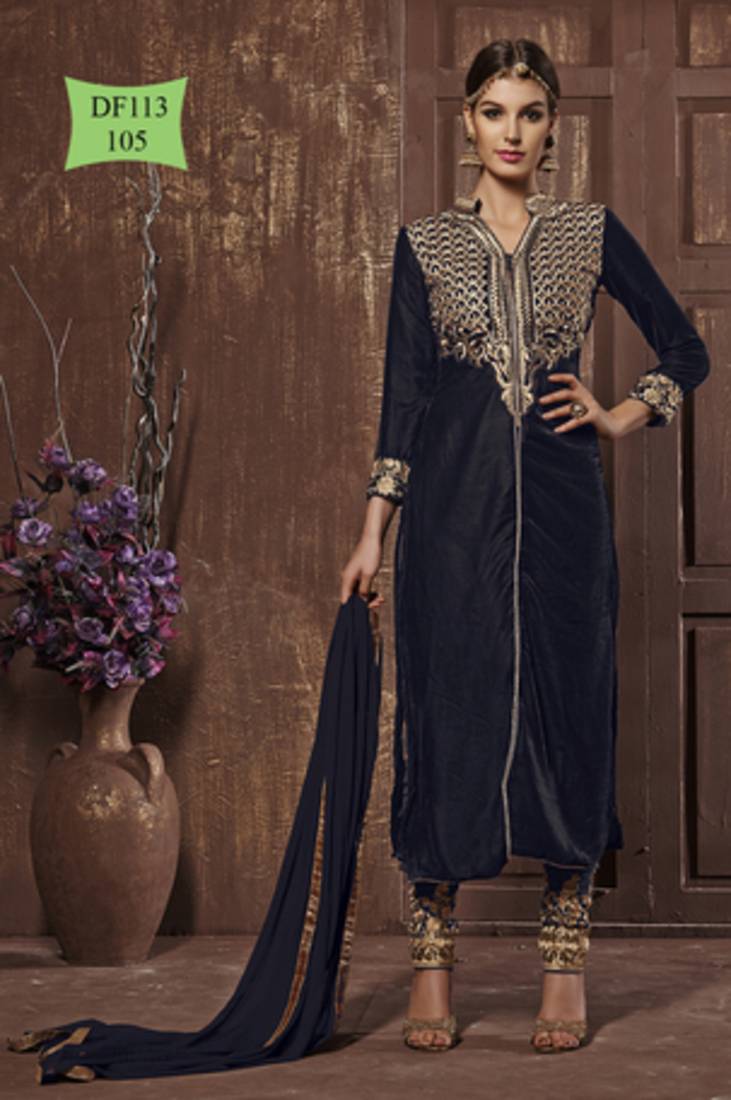 Dark-Blue embroidered velvet semi-stitched salwar - Dealfiza - 347943
