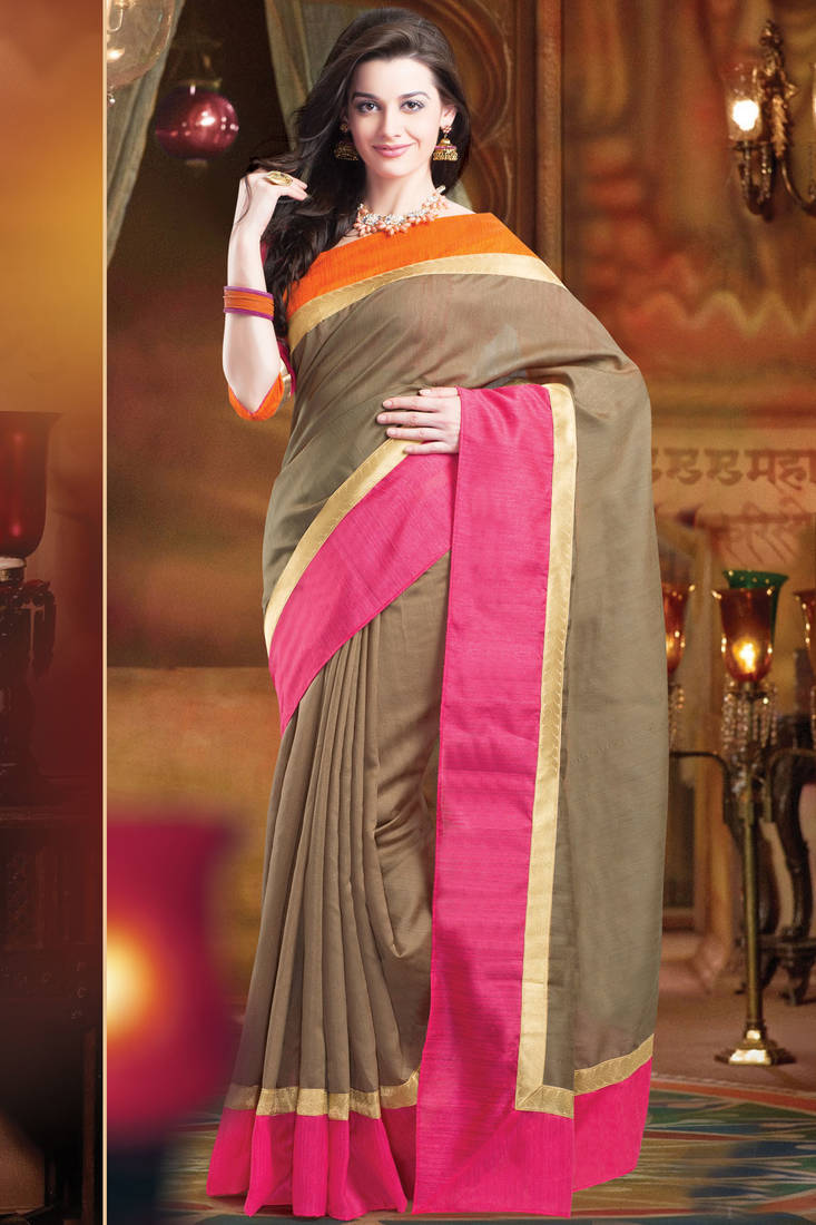 Brown tussar saree in Rani Pink & Orange Shimmer & Tussar saree border ...