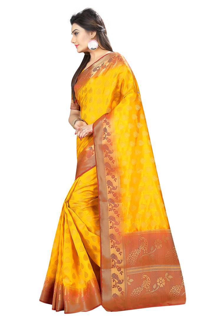 Yellow woven nylon saree with blouse - ethnicset - 2600902