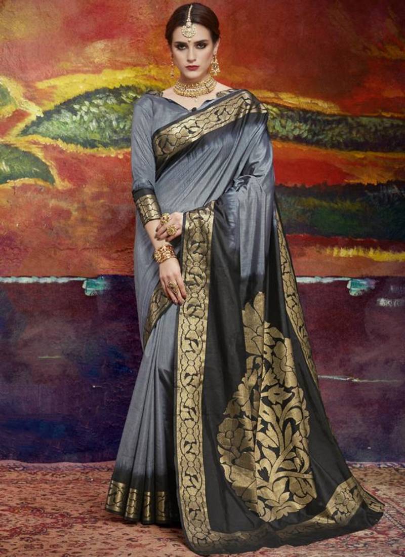 grey hand woven nylon saree with blouse - Vasu Sarees - 2605029