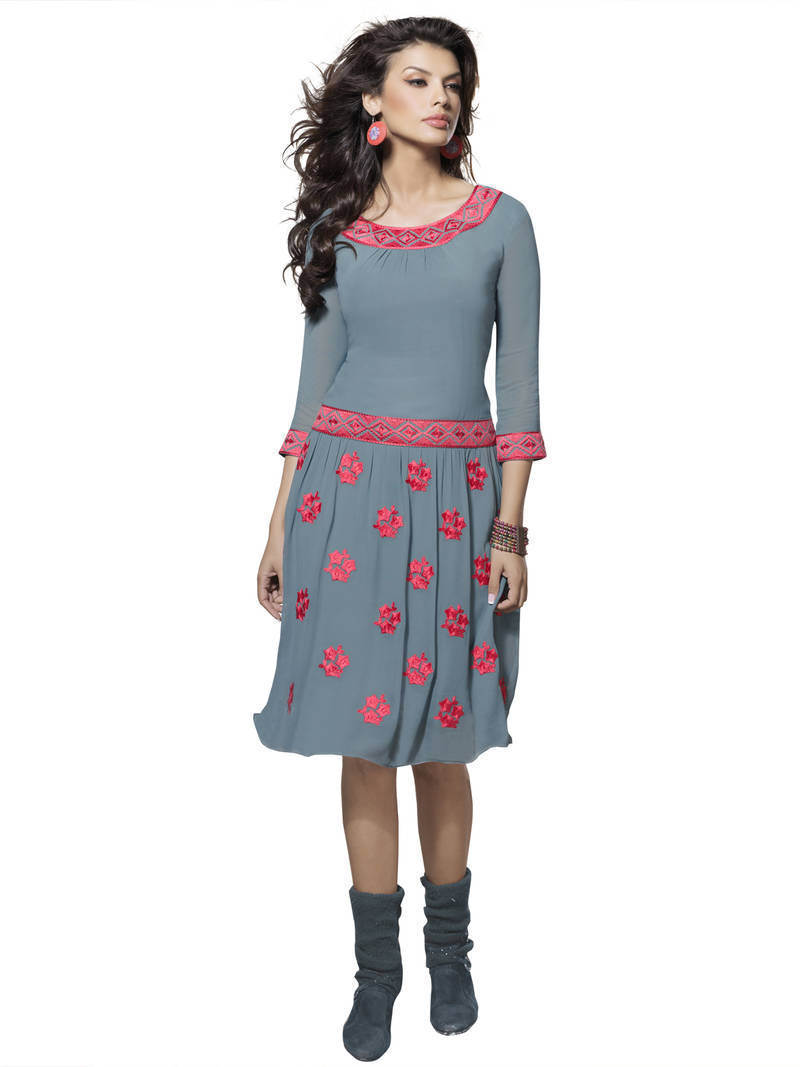 Grey Color Pure-Georgette Casual Wear Embroidered Kurti - Surat Tex ...