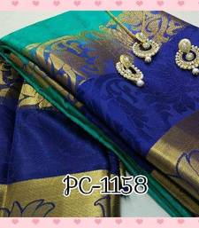 Turquise blue self jacquard balaton silk saree with unstitched blouse ...