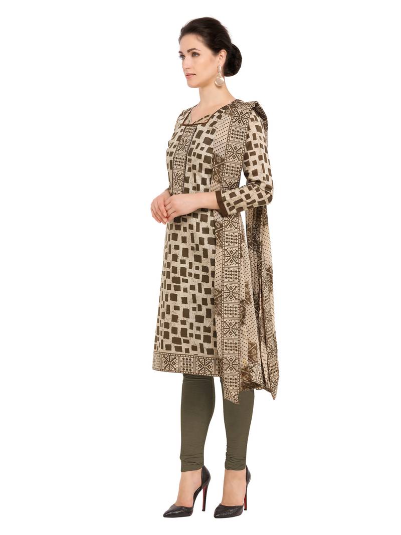 Inddus Cream Cotton Printed Unstitched Dress Material With Chiffon