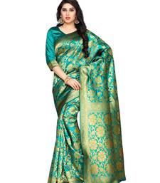 Mimosa teal art silk kanchipuram style saree with blouse - MIMOSA - 2617203