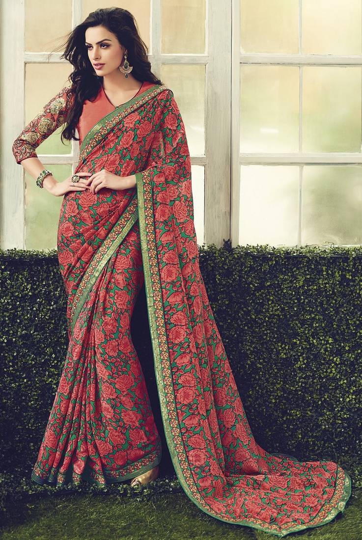Red printed crepe saree with blouse - Monjolika - 2622710