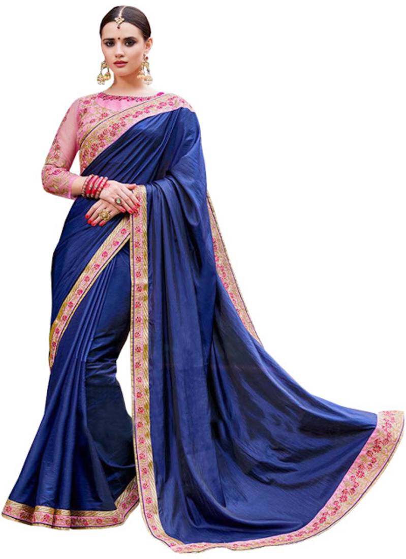 Dark blue embroidered silk saree with blouse - Meet Enterprise - 2623848