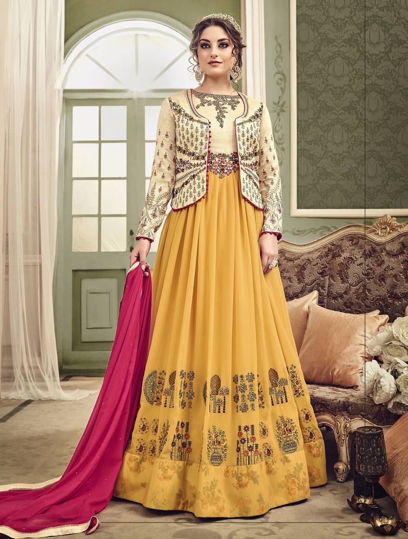 Yellow embroidered georgette salwar - Monjolika - 2624184