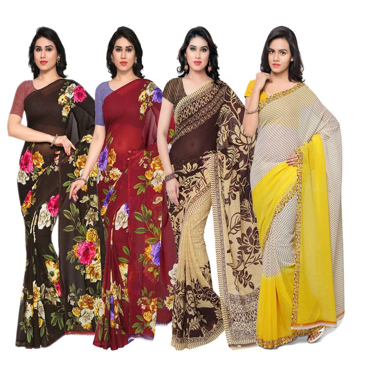 multicolor printed pack of 4 saree with blouse - Anand Saree - 2634163