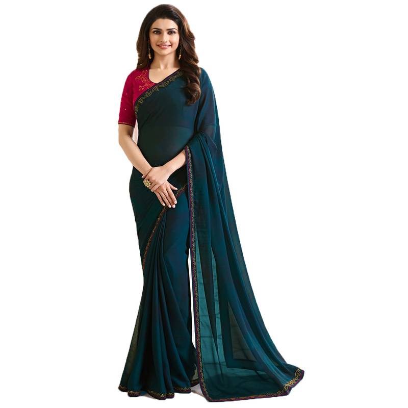 Dark blue plain silk saree with blouse - Twins Birds - 2637601