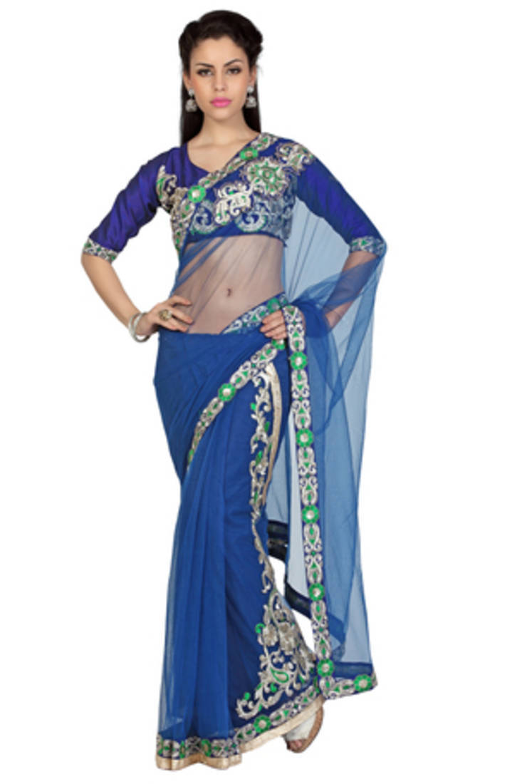 Navy-Blue embroidered Net saree with blouse - Designersareez - 356237