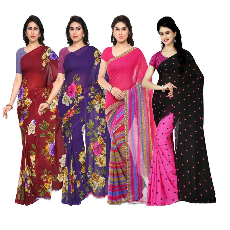 multicolor printed pack of 4 saree with blouse - Anand Saree - 2646924