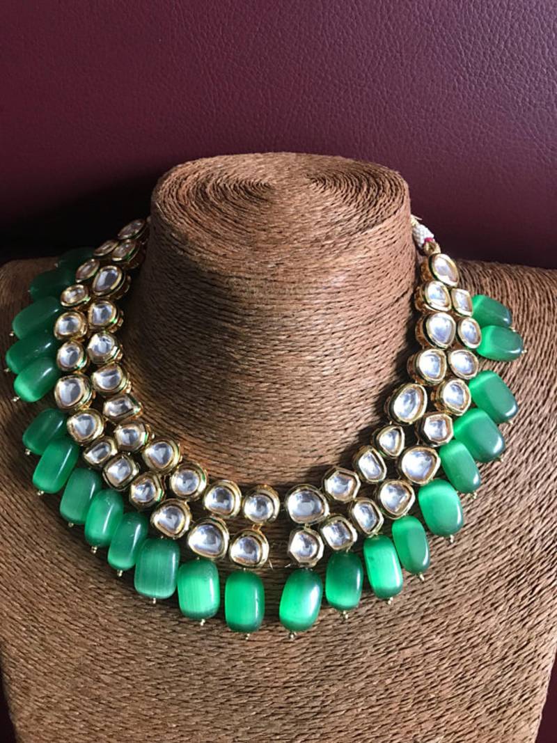 Kundan And Green Stones Choker Necklace - Glitterati by Alankriti - 2648118