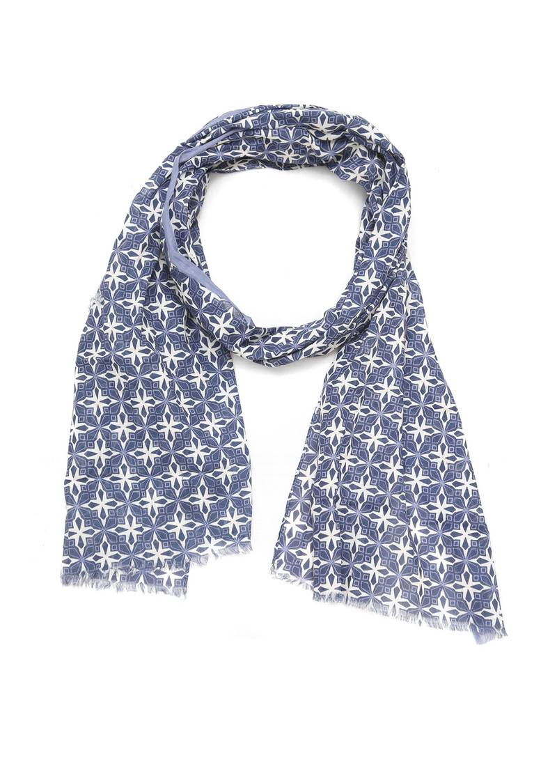 Navy blue and cream cotton printed stole and dupattas - GRISHTI - 2656088