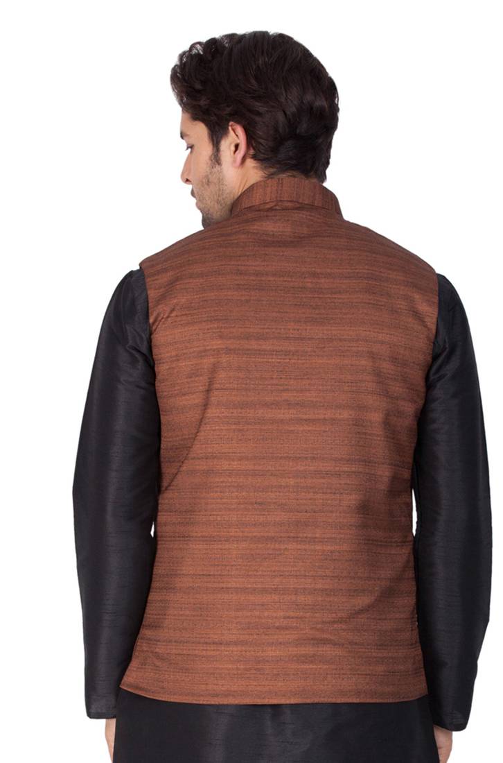 Brown Cotton Blend Nehru Jacket - VASTRAMAY - 2658390