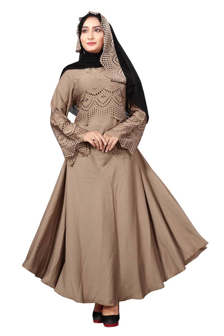 Beige Grey Color Laser Cutting Style Nida Material Abaya Burkha With ...