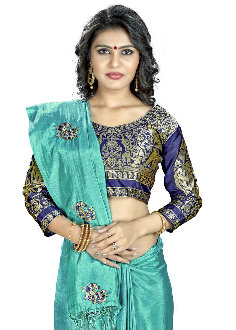 Turquoise embroidered saree with blouse - Blissta - 2661032