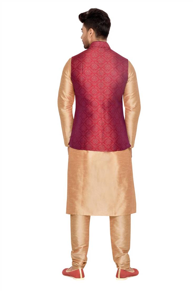 Maroon Jacket Brocket Kurta Pajama - Indian Poshakh - 2661097