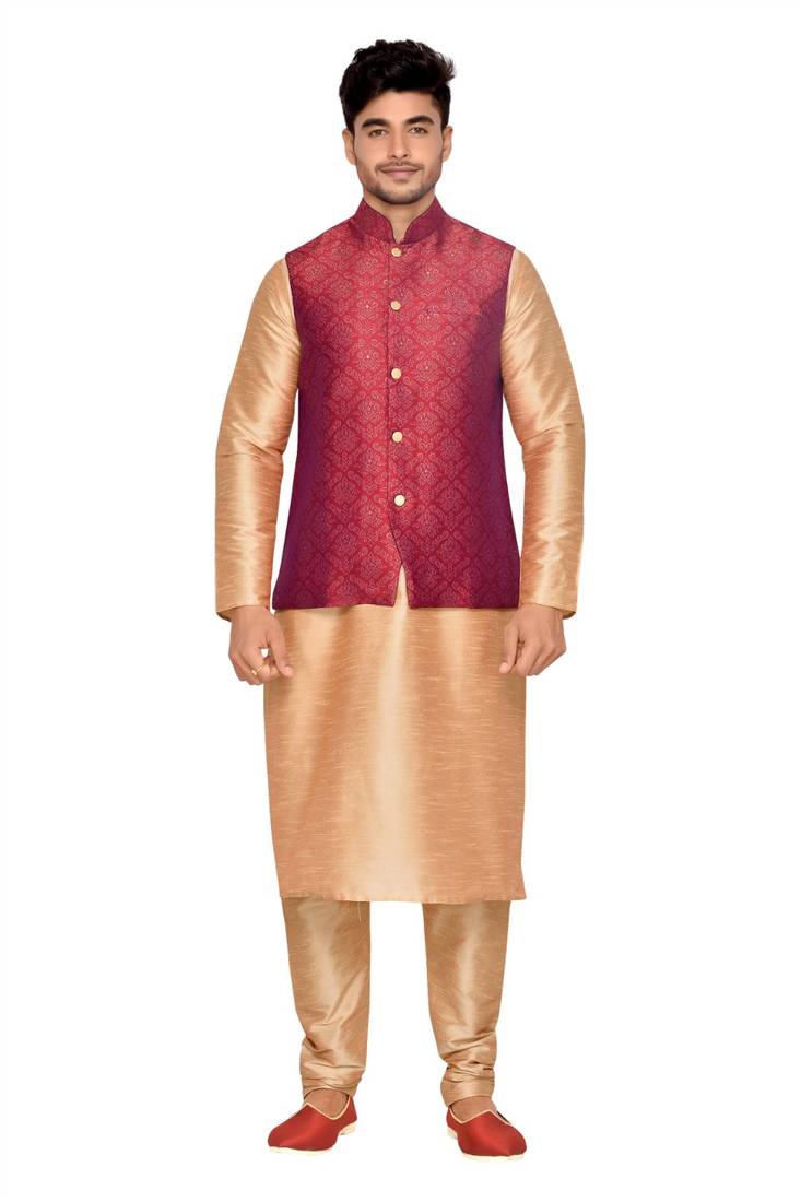 Maroon Jacket Brocket Kurta Pajama - Indian Poshakh - 2661097